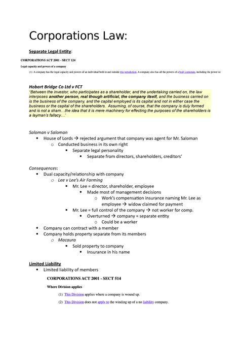 Corporations Law Lecture Notes For Corporation Law Corporations Law
