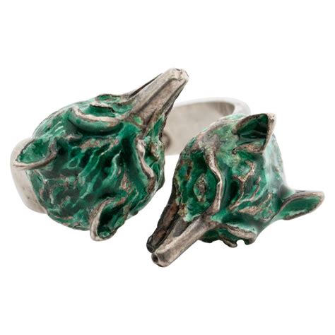 Vintage Signed Gucci Silver And Green Enamel Double Fox Ring At 1stdibs