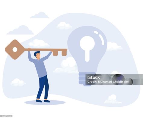 새로운 발명품 전구 근처에 거대한 열쇠를 들고 있는 소년 혁신 성공적인 아이디어 상징 문제 해결 플랫 벡터 현대 그림 개념에 대한 스톡 벡터 아트 및 기타 이미지 Istock