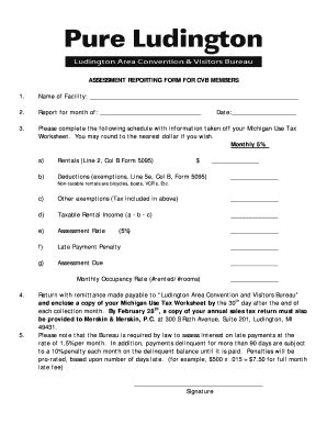 Fillable Online ASSESSMENT REPORTING FORM FOR CVB Pure Ludington Fax Email Print PdfFiller