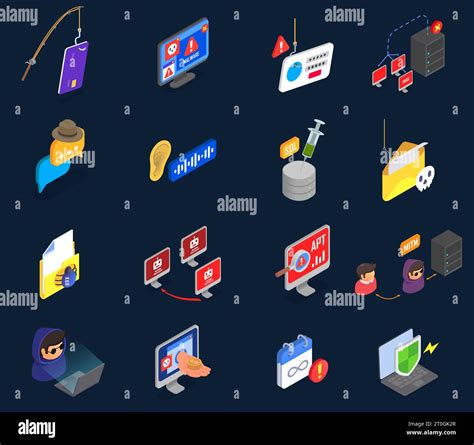 Cyber Security Isometric Icons Set With Hacker Attack Symbols Isolated Vector Illustration Stock