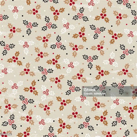 홀리 베리와 크리스마스 패턴 베리와 잎낙서 일렉스 지점 잎이 있는 겨우살이 열매 겨울 방학 크리스마스 및 새해 디자인을위한 벡터 원활한 배경 갈색에 대한 스톡 벡터 아트 및