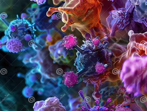 a colorful array of cells and structures interacting in a microscopic