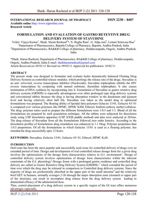 Pdf Formulation And Evaluation Of Gastro Retentive Drug Delivery