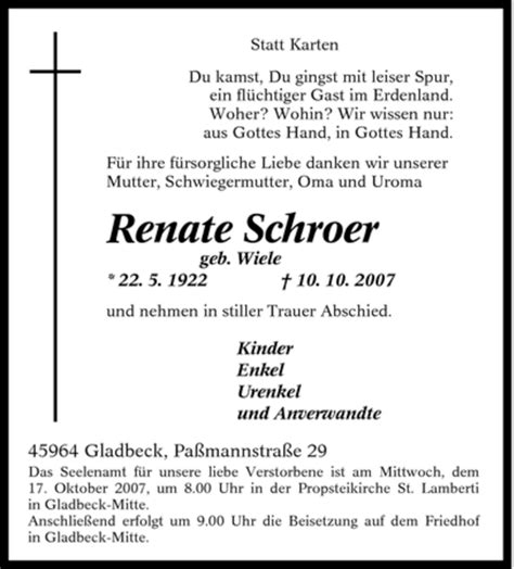 Traueranzeigen Von Renate Schroer Trauer In Nrwde
