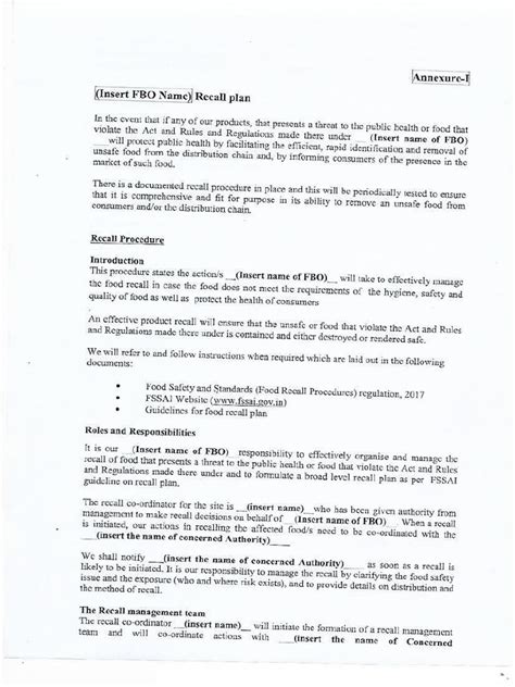 512 Food Recall Plan As Annexure I Pdf