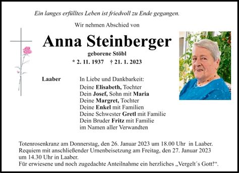 Traueranzeigen Von Anna Steinberger Mittelbayerische Trauer