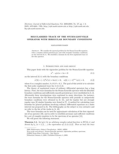 Pdf Regularized Trace Of The Sturm Liouville Operator With Irregular Boundary Conditions