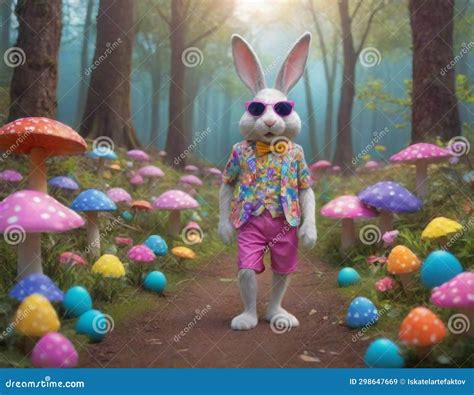 Easter Bunny Hides Colorful Eggs In The Forest Clearing Around Him Are