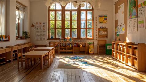 A Classroom With A Lot Of Wooden Tables And Chairs Stock Illustration