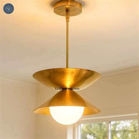Mid Century Modern Brass Pendant Light Opal Globe Double Cone Shade