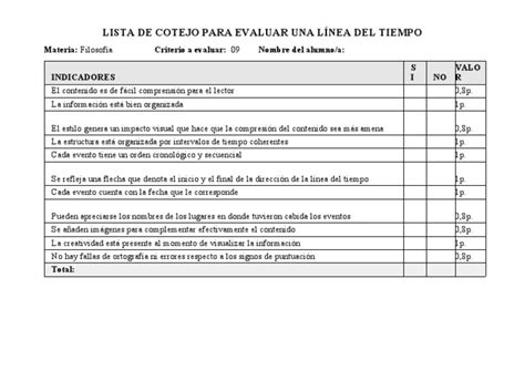 Lista De Cotejo Para Evaluar Una Línea Del Tiempo Pdf