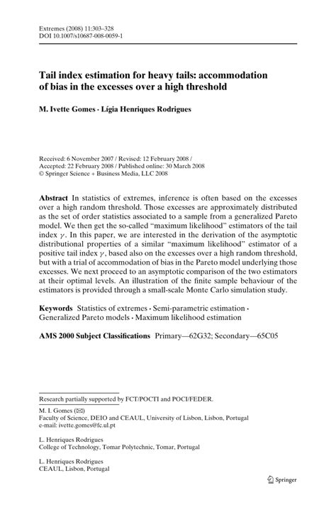 Pdf Tail Index Estimation For Heavy Tails Accommodation Of Bias In The Excesses Over A High