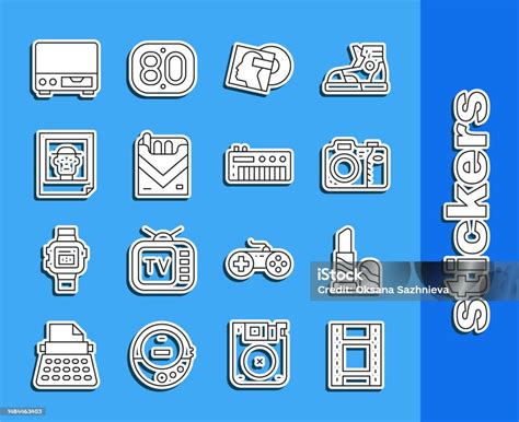 세트 라인 재생 비디오 립스틱 사진 카메라 비닐 디스크 담배 팩 상자 오래된 비디오 카세트 플레이어 및 음악 신디사이저 아이콘 벡터 Brand Name Video Game에