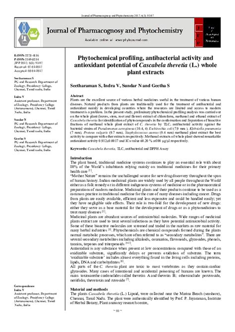 Pdf Phytochemical Profiling Antibacterial Activity And Antioxidant Potential Of Cascabela