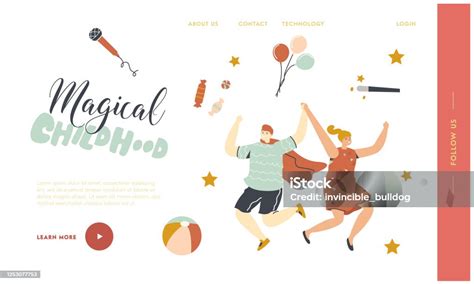 어린이 파티 생일 축하 방문 페이지 템플릿 행복한 아이 캐릭터 춤과 손을 점프 애니메이터와 함께 이벤트를 축하하는 친구 소년과 소녀 선형 사람 벡터 일러스트레이션 개념에