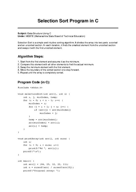 Selection Sort Program In C Data Structures Msbte Studocu