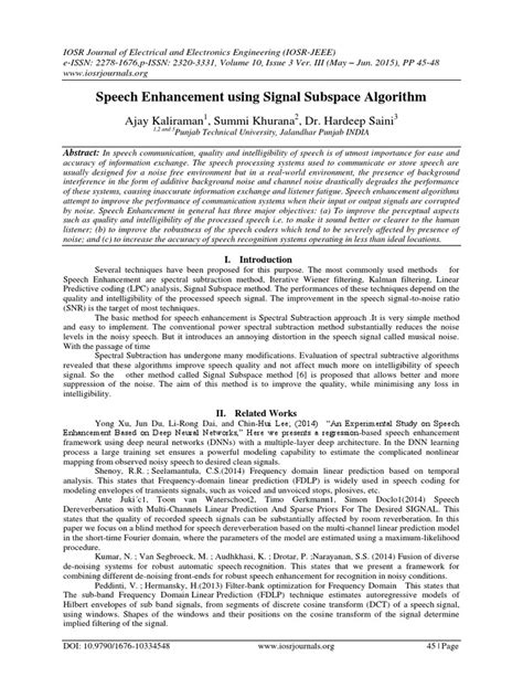 Speech Enhancement Using Signal Subspace Algorithm Pdf Data