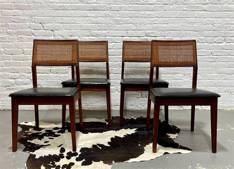 Walnut Mid Century Modern Caned Dining Chairs Set Of Four For Sale At