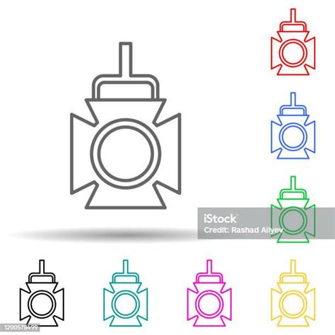 스포트라이트 멀티 컬러 스타일 아이콘 Ui 및 Ux 웹 사이트 또는 모바일 응용 프로그램에 대한 간단한 얇은 라인 스포트 라이트 단계 아이콘의 개요 벡터 플래시 라이트에
