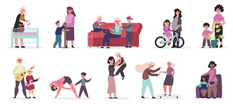 어머니와 아이들 모성 매일 활동 엄마와 아이들은 책을 읽고 놀고 스케이트를 읽습니다 행복한 어머니 와 어린이 벡터 일러스트 세트