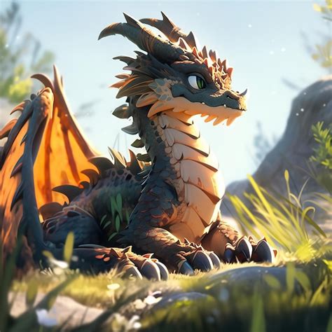 Premium Ai Image There Is A Small Dragon Sitting On The Ground In The Grass Generative Ai