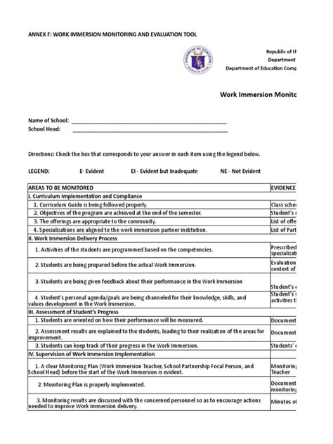 Work Immersion Monitoring And Evaluation Tool Pdf Monitoring And Evaluation Curriculum