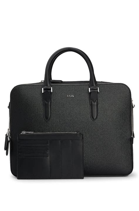 Boss Structured Leather Document Case With Logo Lettering