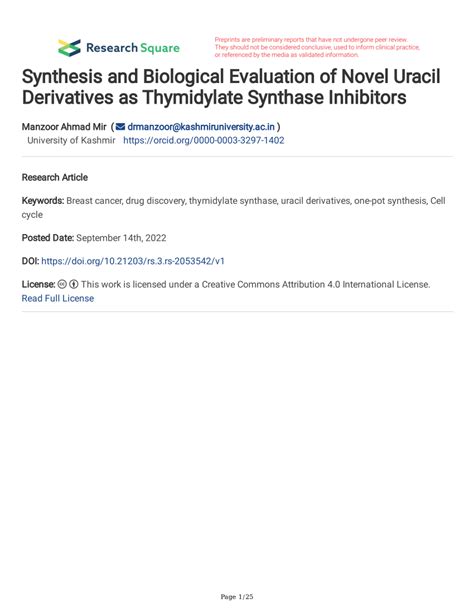 Pdf Synthesis And Biological Evaluation Of Novel Uracil Derivatives As Thymidylate Synthase