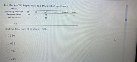 Solved Anova Df Ms F P Value Ferit Source Of Variation Ss