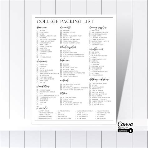 College Packing List Template Printable Dorm Essentials Checklist