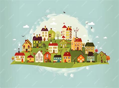 Cute Cartoon Illustration Of Small Village On Hill Premium Ai