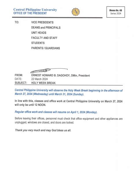 Memo No 40 Holy Week Break Central Philippine University