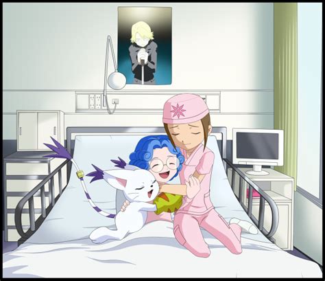 Gatomon Kari Hugging Tori In Hospital Bed Hospital Bed Digimon Kari