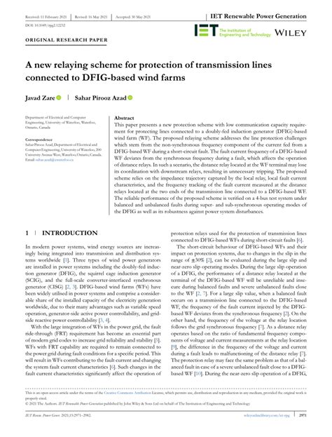 Pdf A New Relaying Scheme For Protection Of Transmission Lines Connected To Dfig‐based Wind Farms