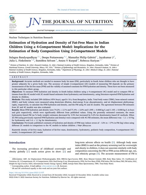 Pdf Estimation Of Hydration And Density Of Fat Free Mass In Indian