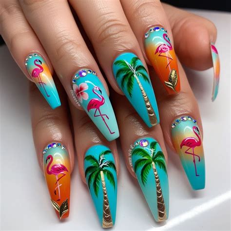 Tropical Paradise Acrylic Nails With Palm Trees And Hibiscus Flowers