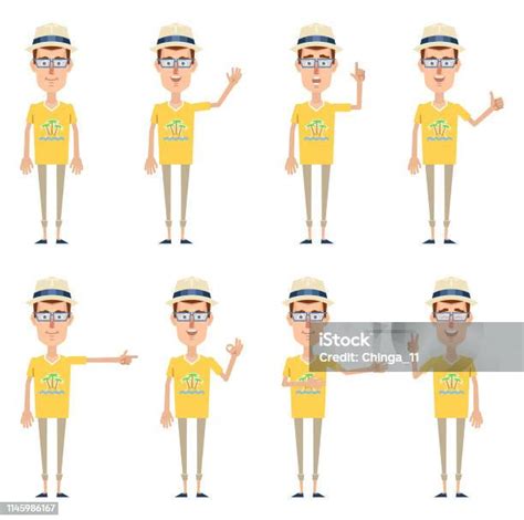 다른 손 제스처를 보여주는 관광 문자의 집합입니다 제스처 승리의 손 인사말 흔들며 이 방법으로 엄지손가락을 보여주는 쾌활 한 관광 가리키기에 대한 스톡 벡터 아트 및 기타