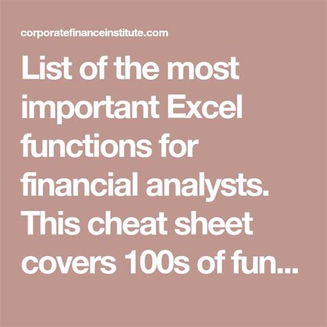 List Of The Most Important Excel Functions For Financial Analysts This Cheat Sheet Covers 100s