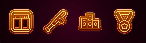 세트 라인 스포츠 기계식 스코어 보드 공이있는 야구 방망이 스포츠 우승자 연단 및 메달에 대한 상 빛나는 네온 아이콘입니다 벡터 1위에 대한 스톡 벡터 아트 및 기타 이미지