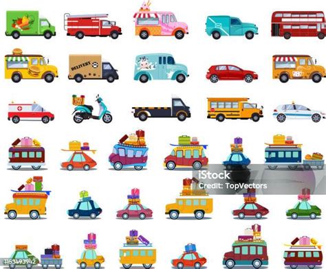 귀여운 도시 교통 세트 다채로운 유치 한 자동차와 차량 벡터 일러스트 도시에 대한 스톡 벡터 아트 및 기타 이미지 도시