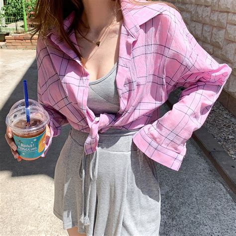 제이앤로 카운티 체크긴팔 썸머 크롭 셔츠 남방 아이보리핑크민트