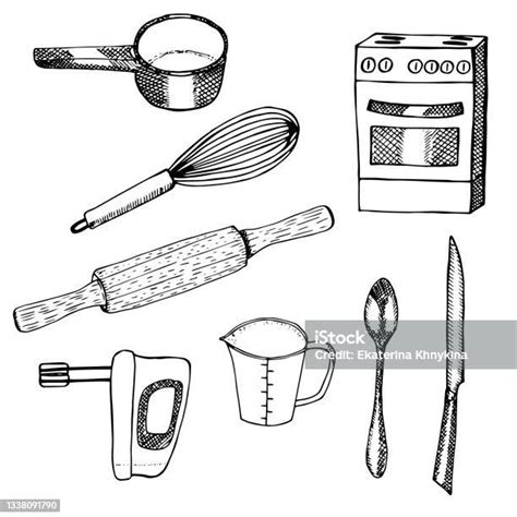 베이킹 그릇 거품기 롤링 핀 믹서 측정 컵 숟가락 칼과 난로 벡터 일러스트 핸드 그린 스케치요리 및 장비 와이어 거품기에 대한 스톡 벡터 아트 및 기타 이미지 Istock
