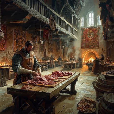 Butcher Working At A Medieval Banquet Premium Ai Generated Image
