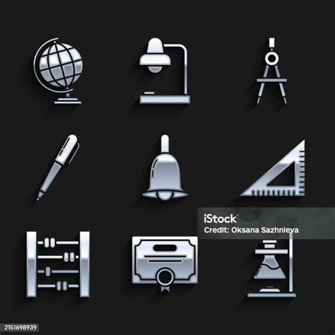 벨 울리기 인증서 템플릿 유리 시험관 플라스크 불 삼각형 눈금자 주판 펜 드로잉 나침반 및 지구 지구 아이콘을 설정합니다 벡터