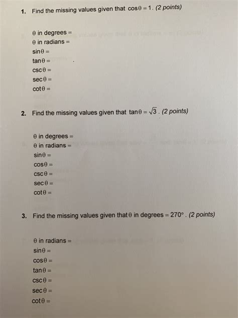 solved 1 find the missing values given that cose 1 2