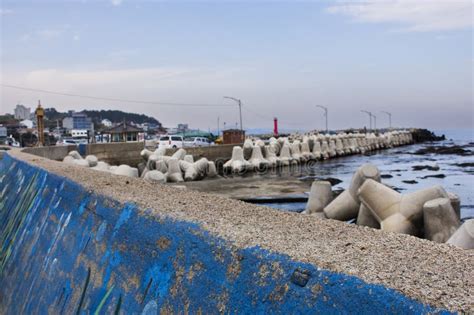 Wave Dissipating Tetrapod Sea Defenses Along The Coastline Stock Image