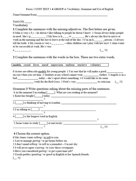 Focus 2 Unit Test 1 Pdf Clothing