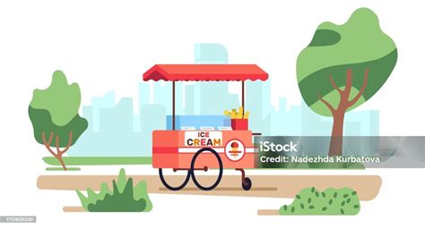 아이스크림 카트 공원 길거리 음식 자연 속에서 키오스크를 판매하는 스낵 냉동 디저트 여름 야외 카페 바퀴에 마구간 축제 상점 텅 빈 박람회장 상점 도시 풍경 벡터 개념