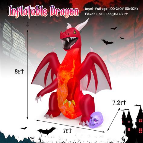 8 Feet Halloween Inflatables Blow Up Red Dragon With Wings Skull Costway
